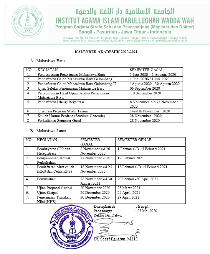 Kalender Akademik 2020-2021 - UII DALWA